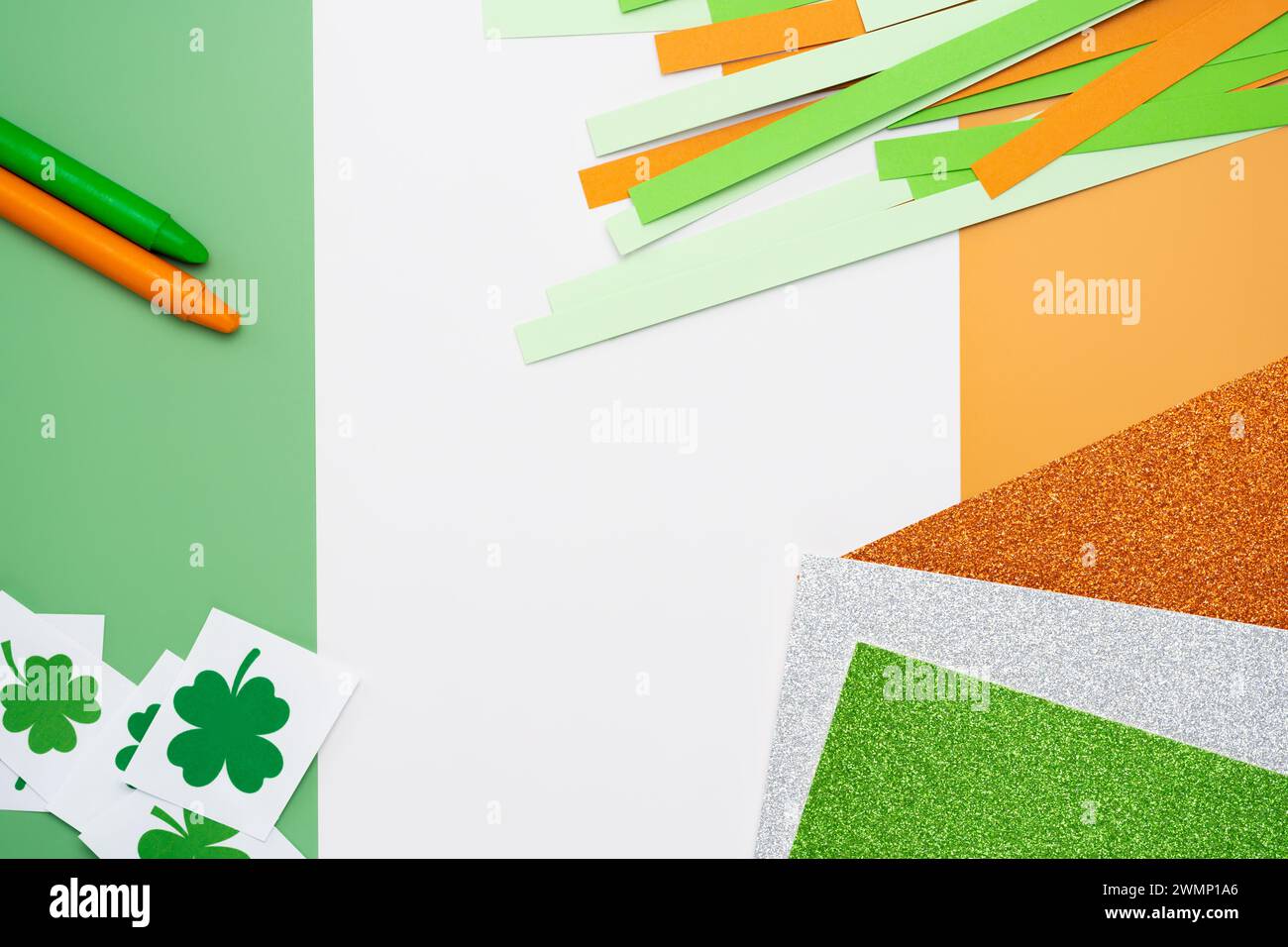 Irish flag made from color paper with cut out shamrock clover crayons ...