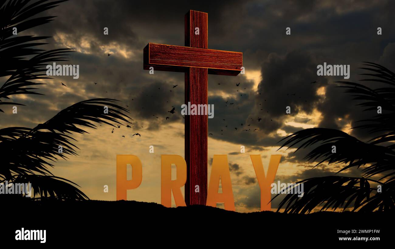 Sunset. Cross and Prayer. Birds are Flying Around Stock Photo - Alamy