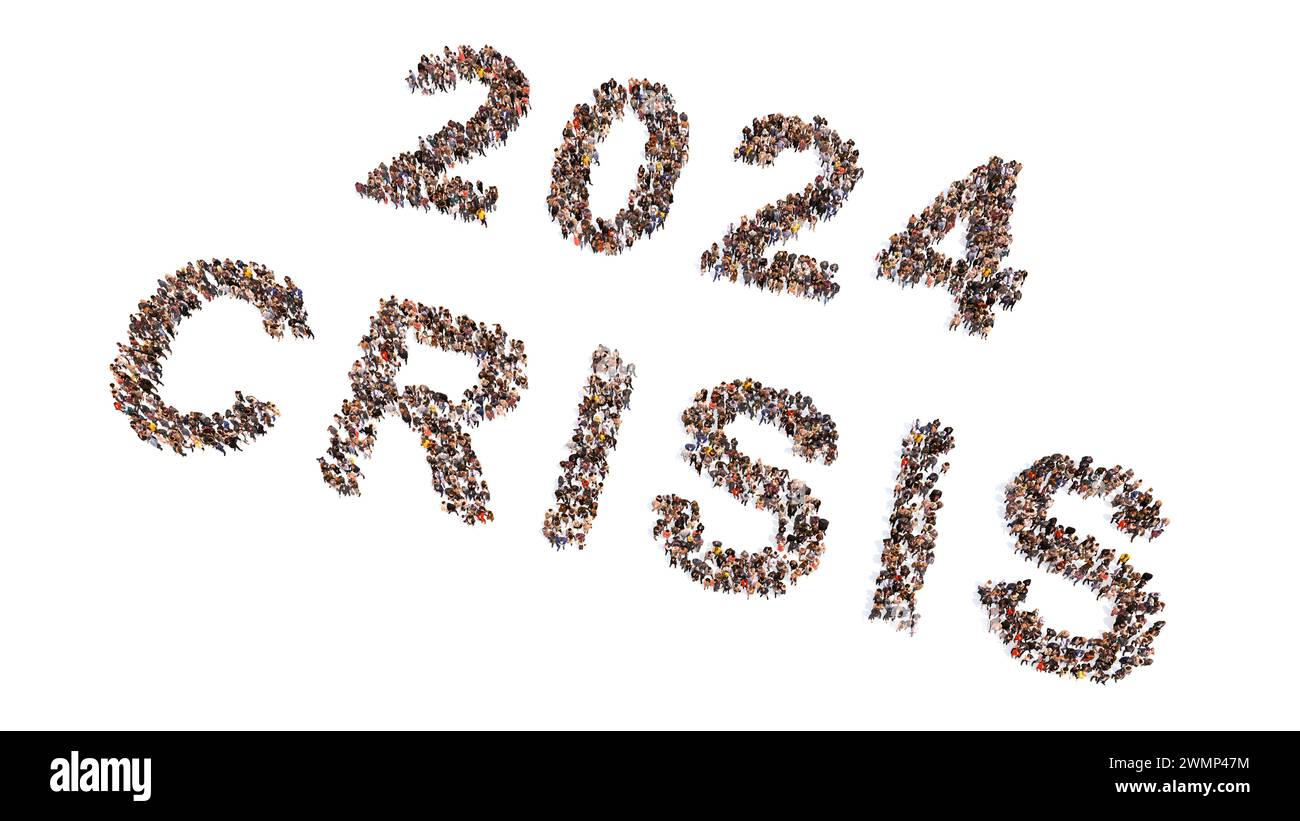 Concept or conceptual large community of people forming 2024 year. 3d ...