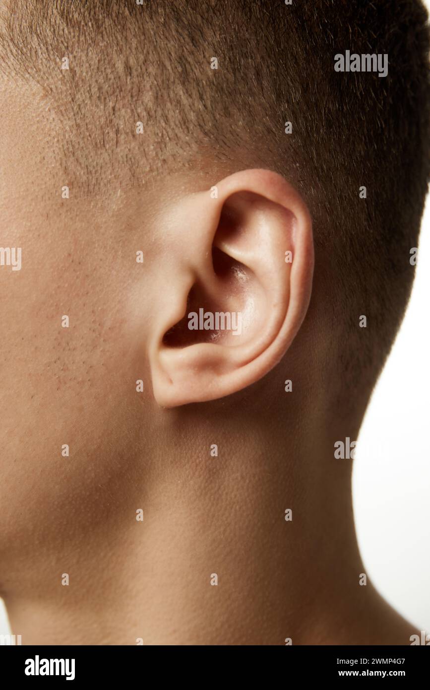 Close-up of male ear with detailed view of auricle and earlobe against ...