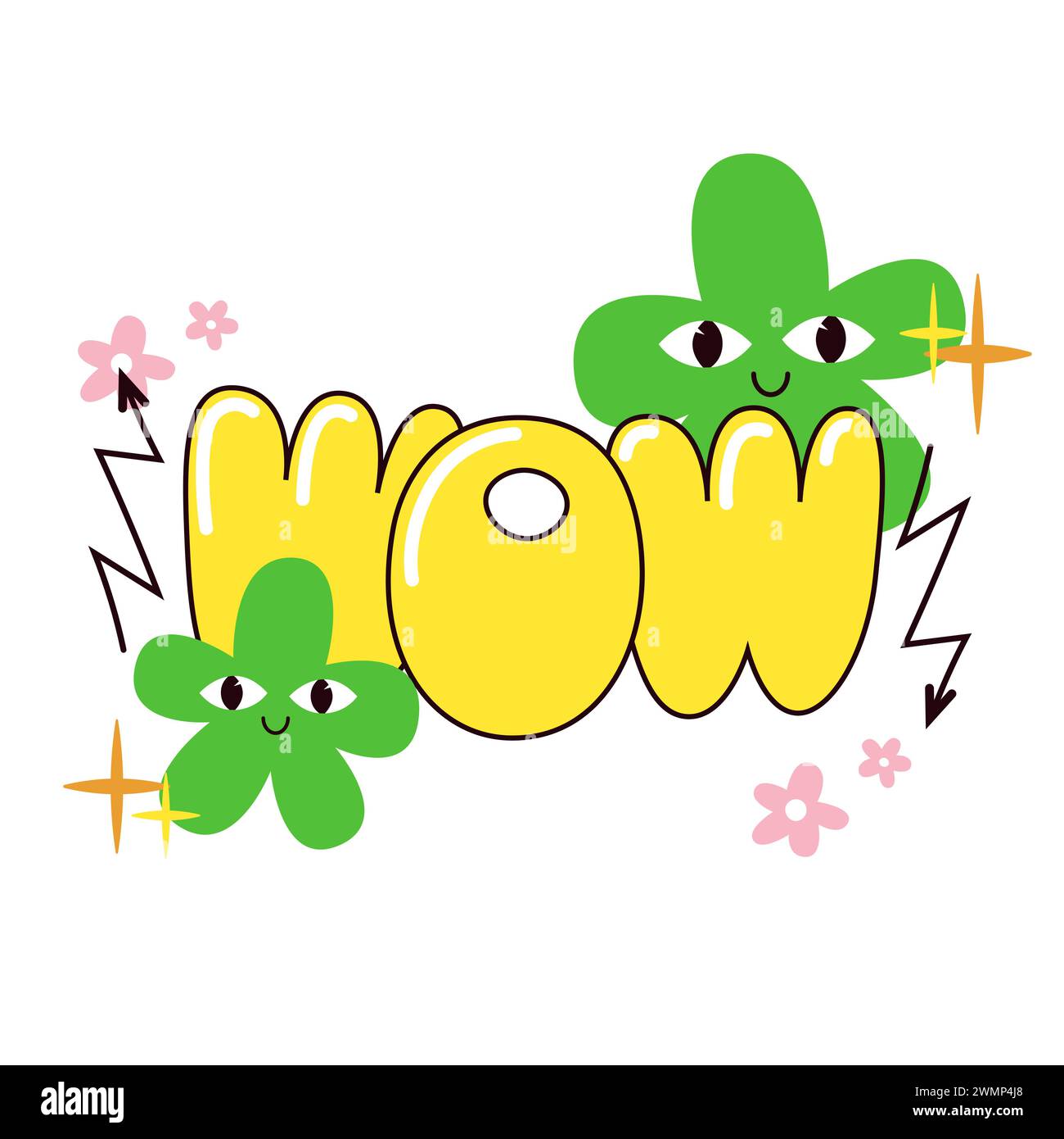 Groovy lovely wow sticker with flowers and arrows . Funky cute art in ...