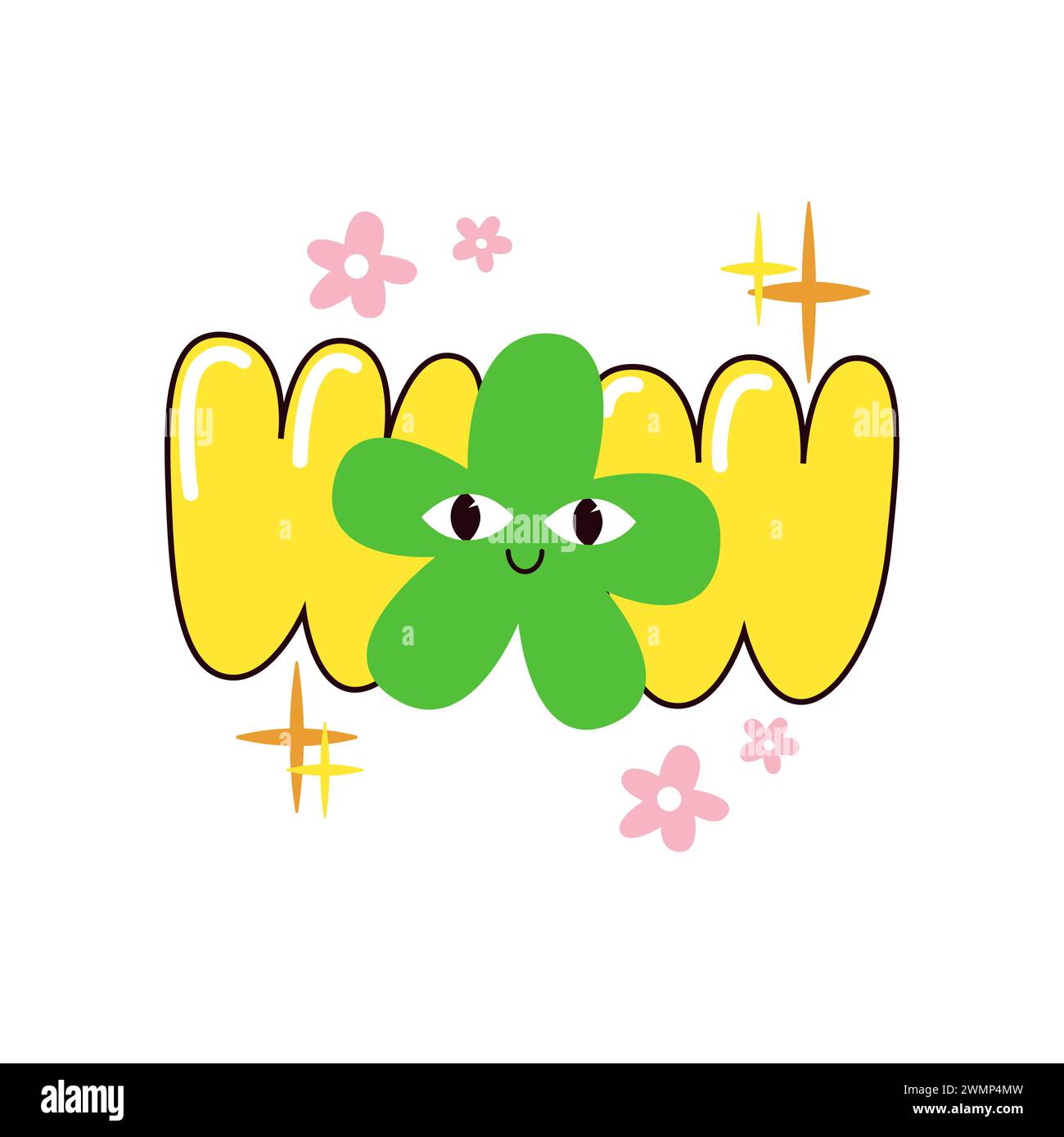 Groovy lovely wow sticker with flowers and arrows . Funky cute art in ...