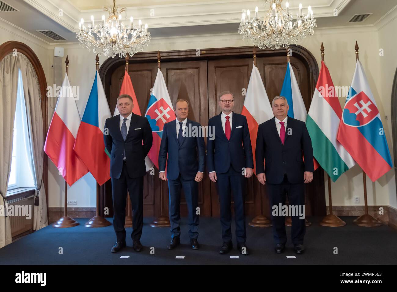 From left to right: Slovak prime minister Robert Fico, Polish prime minister Donald Tusk, Czech ...