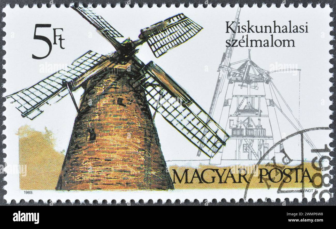 Cancelled postage stamp printed by Hungary, that shows Windmill ...