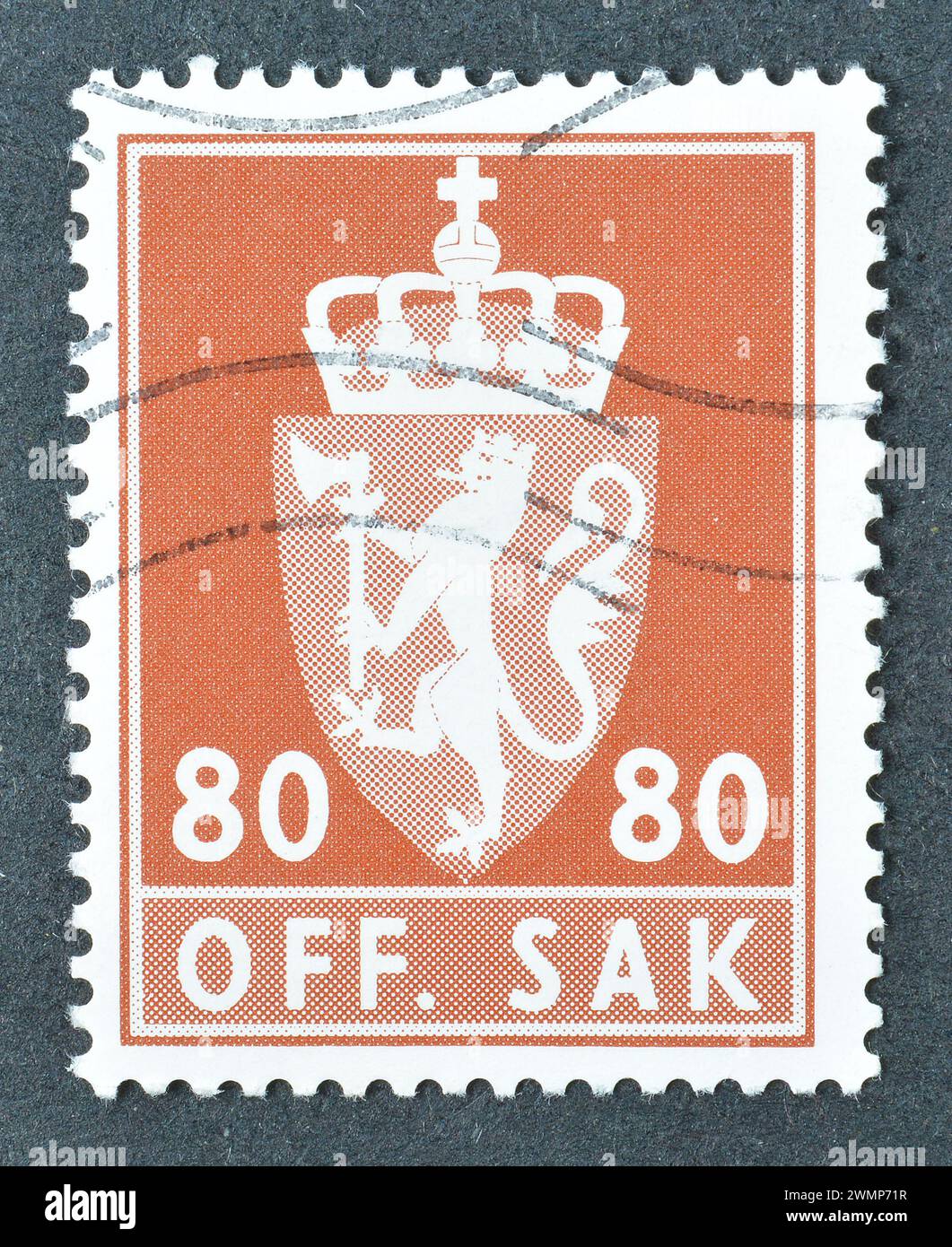 Cancelled postage stamp printed by Norway, that shows Coat of arms ...