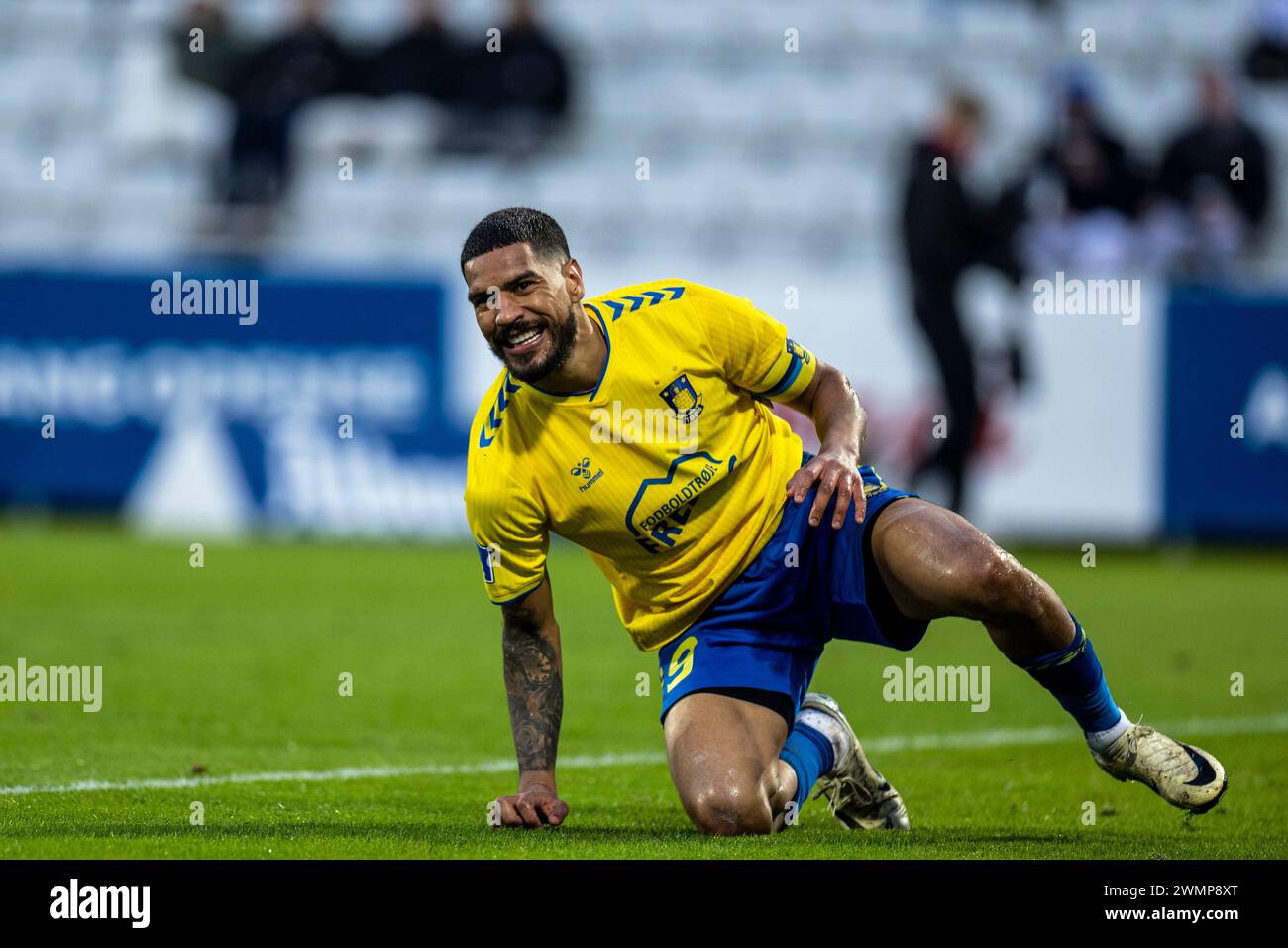Odense, Denmark. 25th, February 2024. Ohi Omoijuanfo (9) of Broendby IF ...