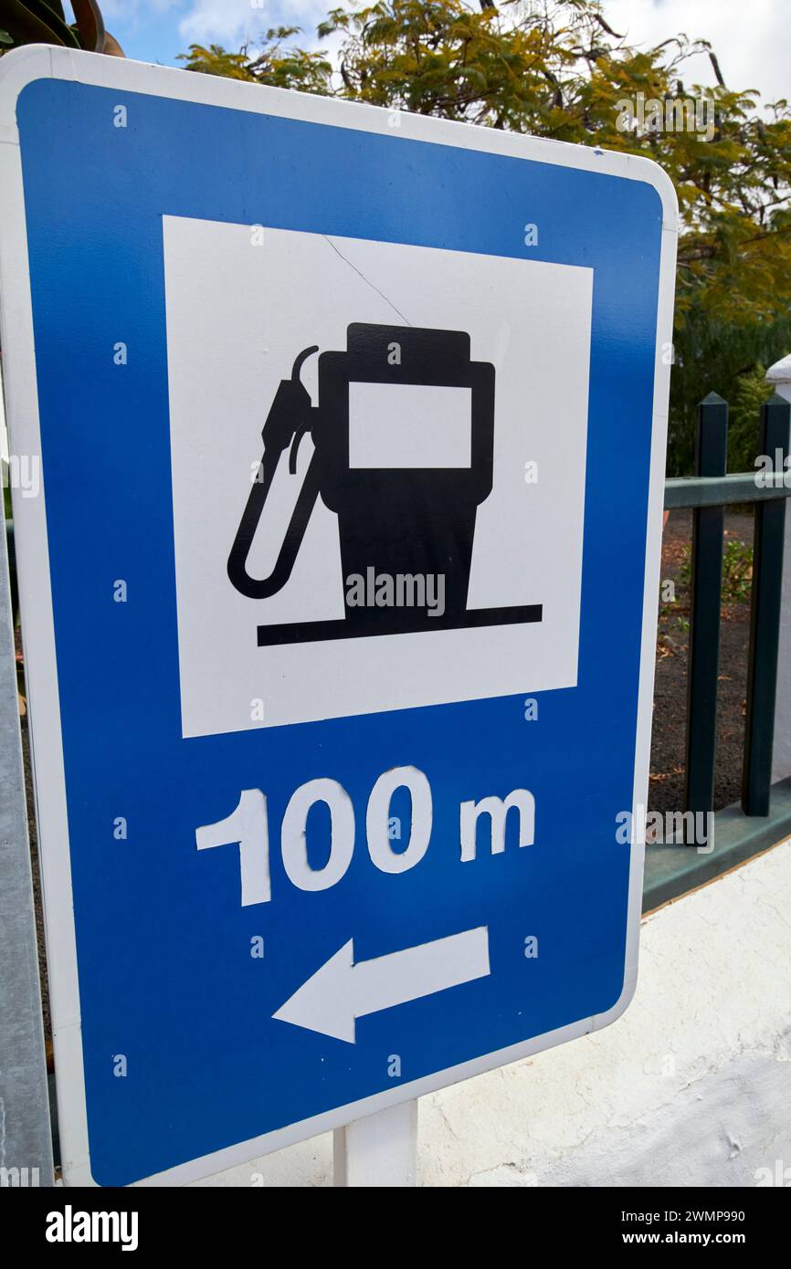 petrol station sign 100m to the left Yaiza, Lanzarote, Canary Islands ...