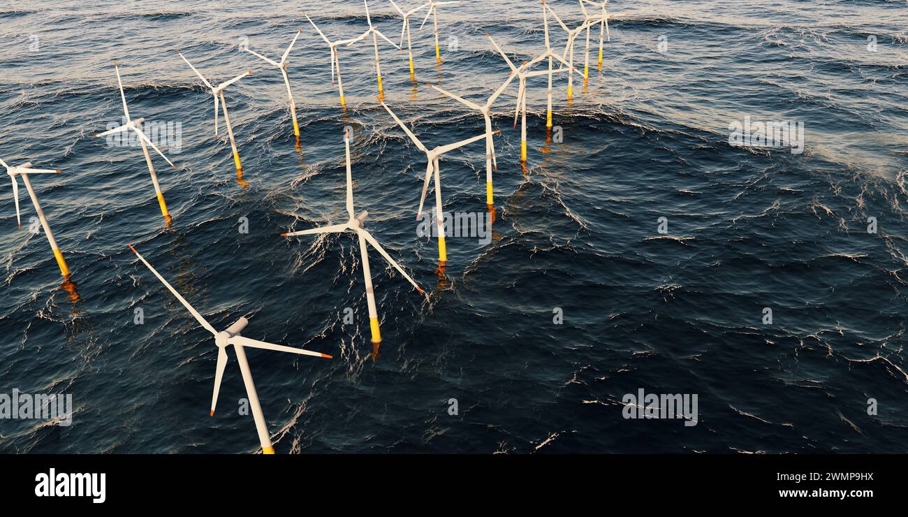 Wind turbines, offshore park, power generation in the sea. Wind ...