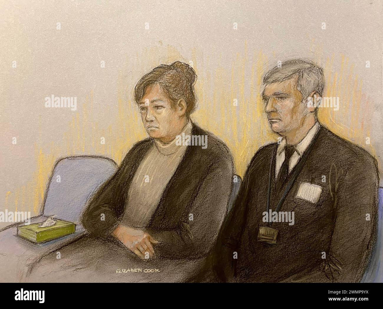 Court artist sketch by Elizabeth Cook of Christine Rawle, 69, (left) at ...