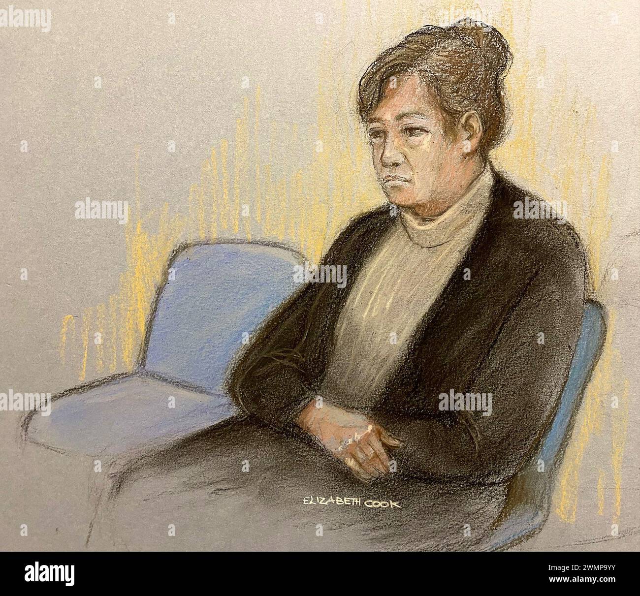 Court artist sketch by Elizabeth Cook of Christine Rawle, 69, at Exeter ...