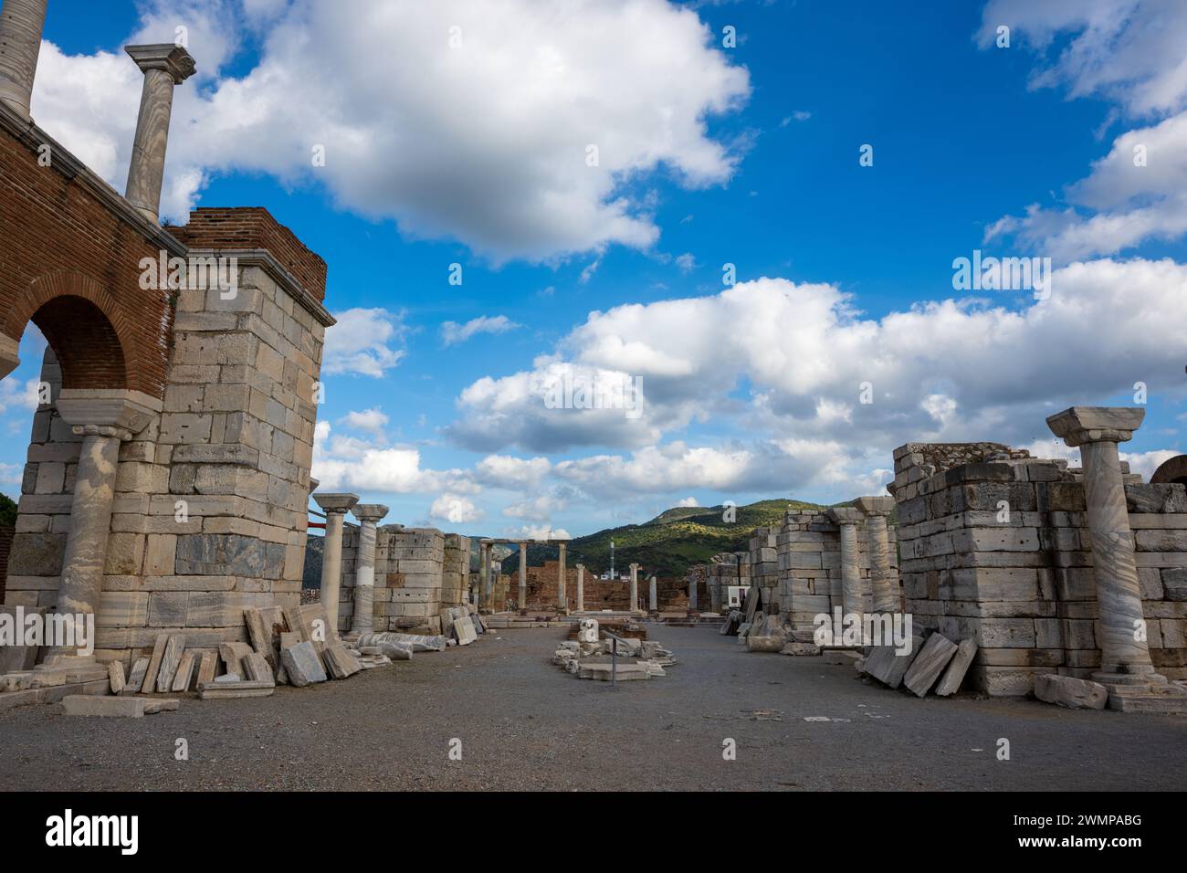 Ancient city ruins with statues on columns in Ephesus, Turkey Stock ...