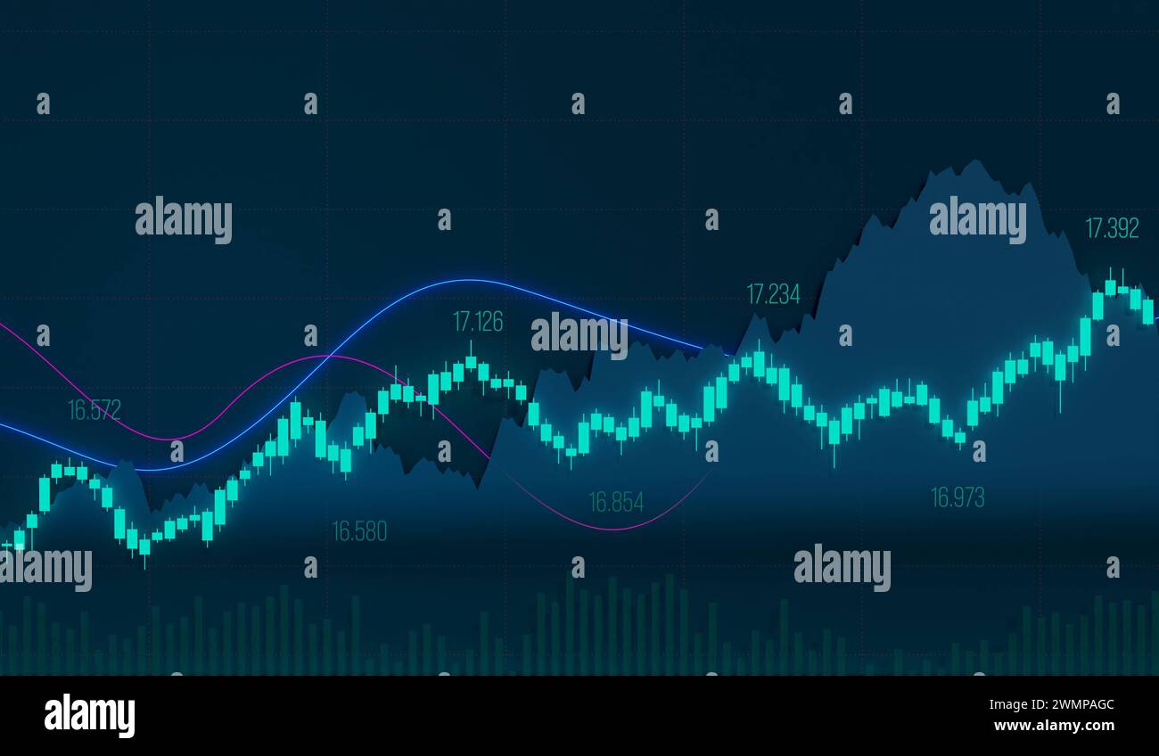 Blue illuminated candle stick chart with numbers and lines. Blue ...