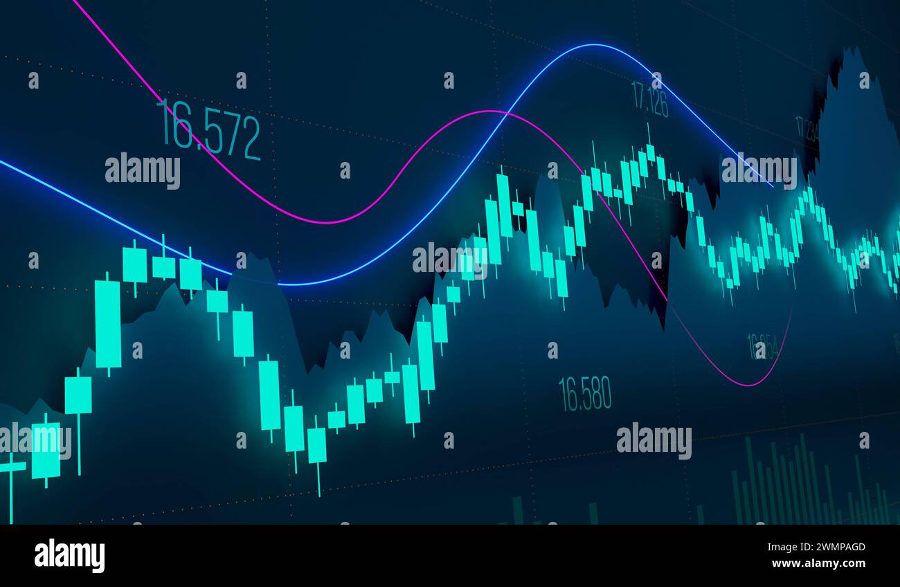 Blue illuminated candle stick chart with numbers and lines. Blue ...