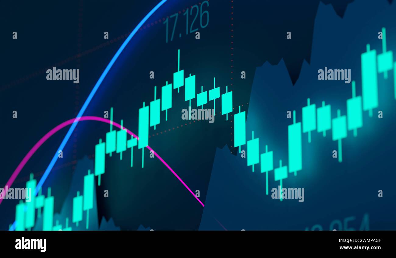 Blue illuminated candle stick chart with numbers and lines. Blue ...