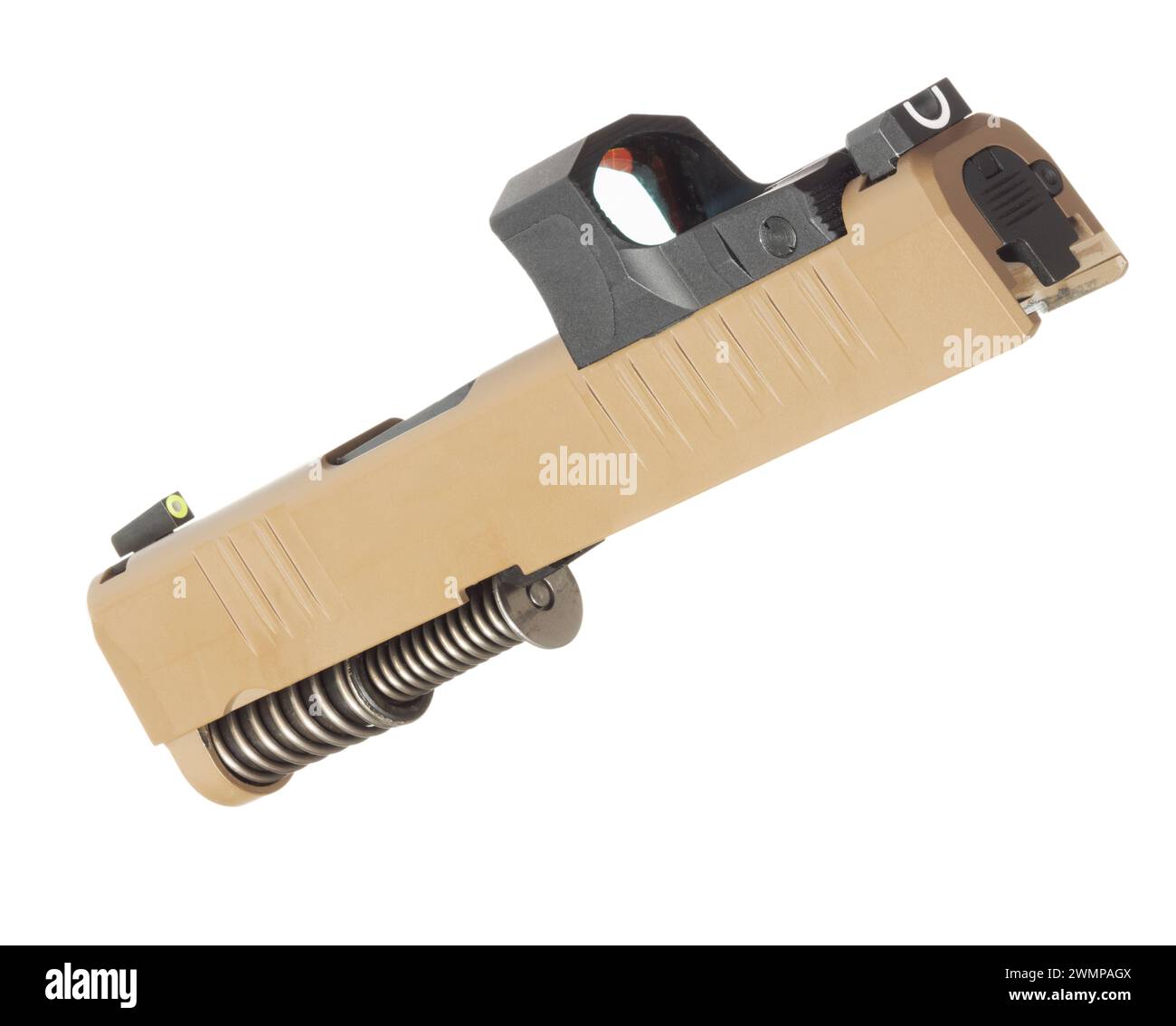 Barrel, recoil springs and red dot optic on an automatic pistol slide ...