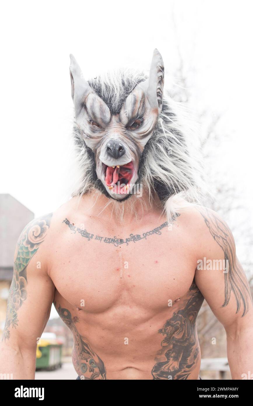 person wearing a werewolf mask on the head hiding the face person ...