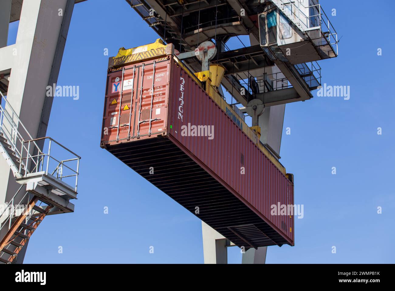 February 2024: Container handling at the Port of Mannheim, Germany. The ...