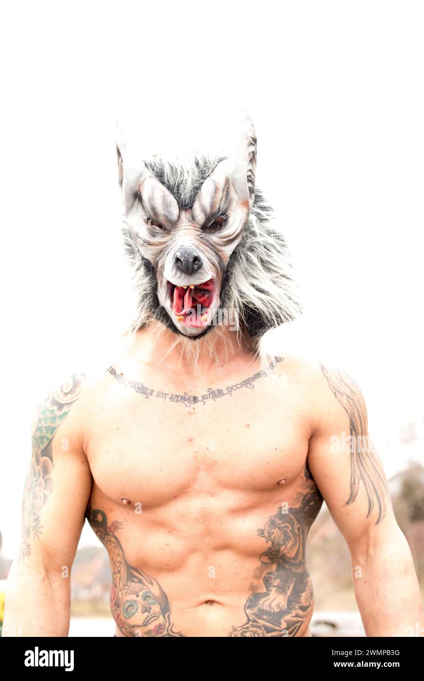 person wearing a werewolf mask on the head hiding the face person ...