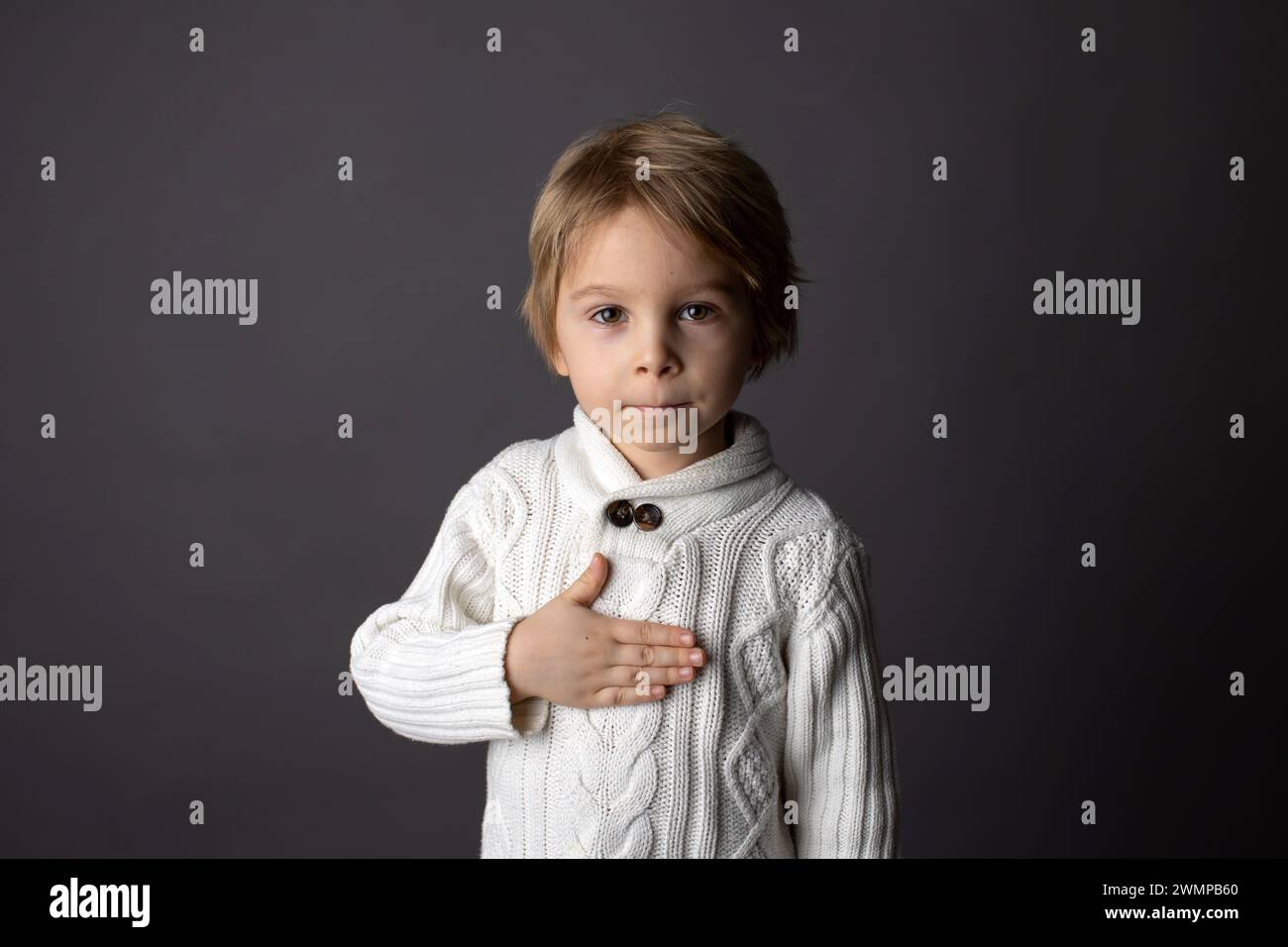 Cute little toddler boy, showing PLEASE gesture in sign language on ...
