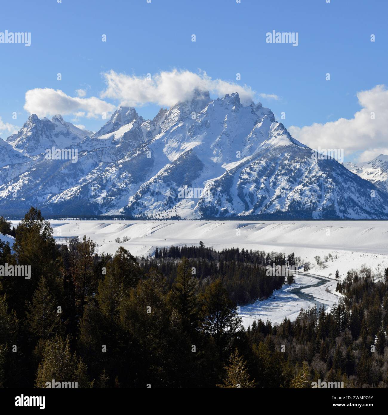 Snow covered Teton Range and Snake River on a nice winter day from ...