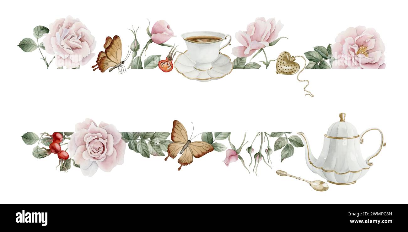 Horizontal frame of rose hip flowers, berries, leaves, white porcelain ...