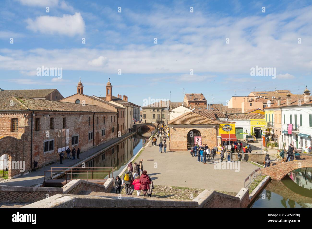 Comacchio, Italy. February 25, 2024. Panoramic view of the town center ...