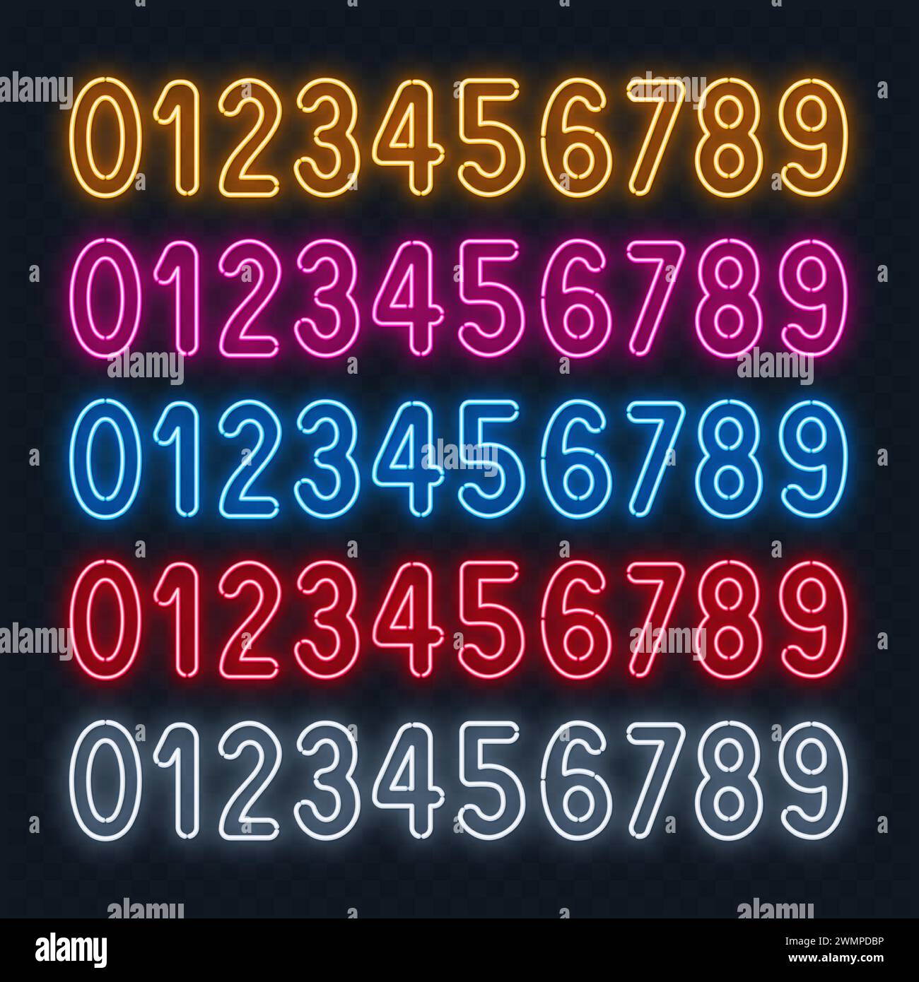 Neon set of numbers in different colors. The colors include red, yellow ...