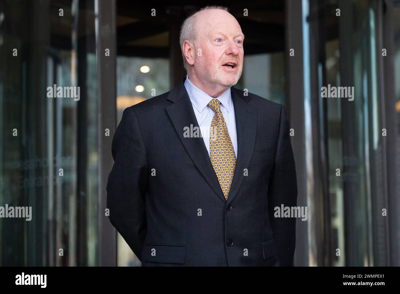 London, UK. 27 Feb 2024. Former Sub-Postmaster Alan Bates speaks to ...