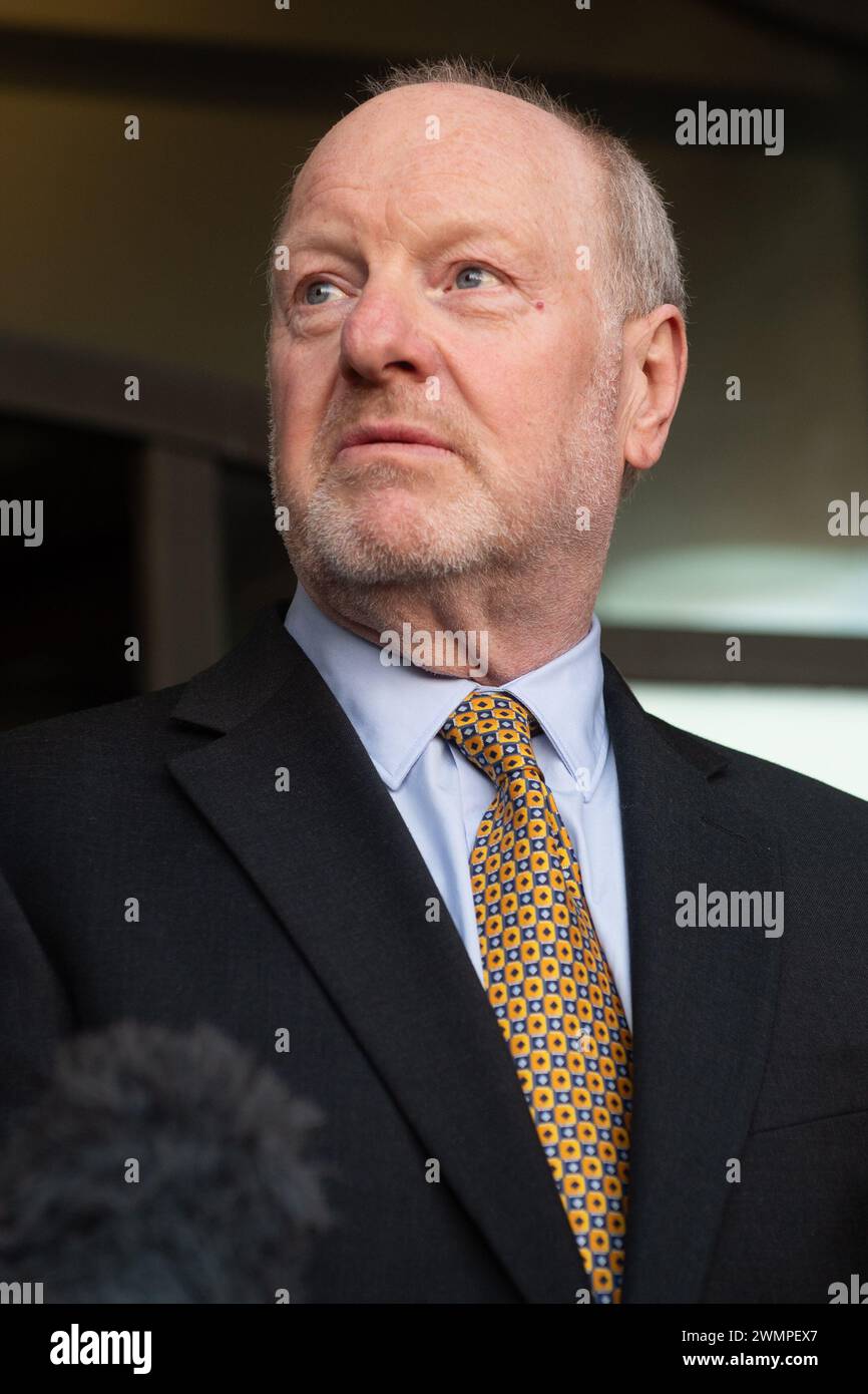 London, UK. 27 Feb 2024. Former Sub-Postmaster Alan Bates speaks to ...