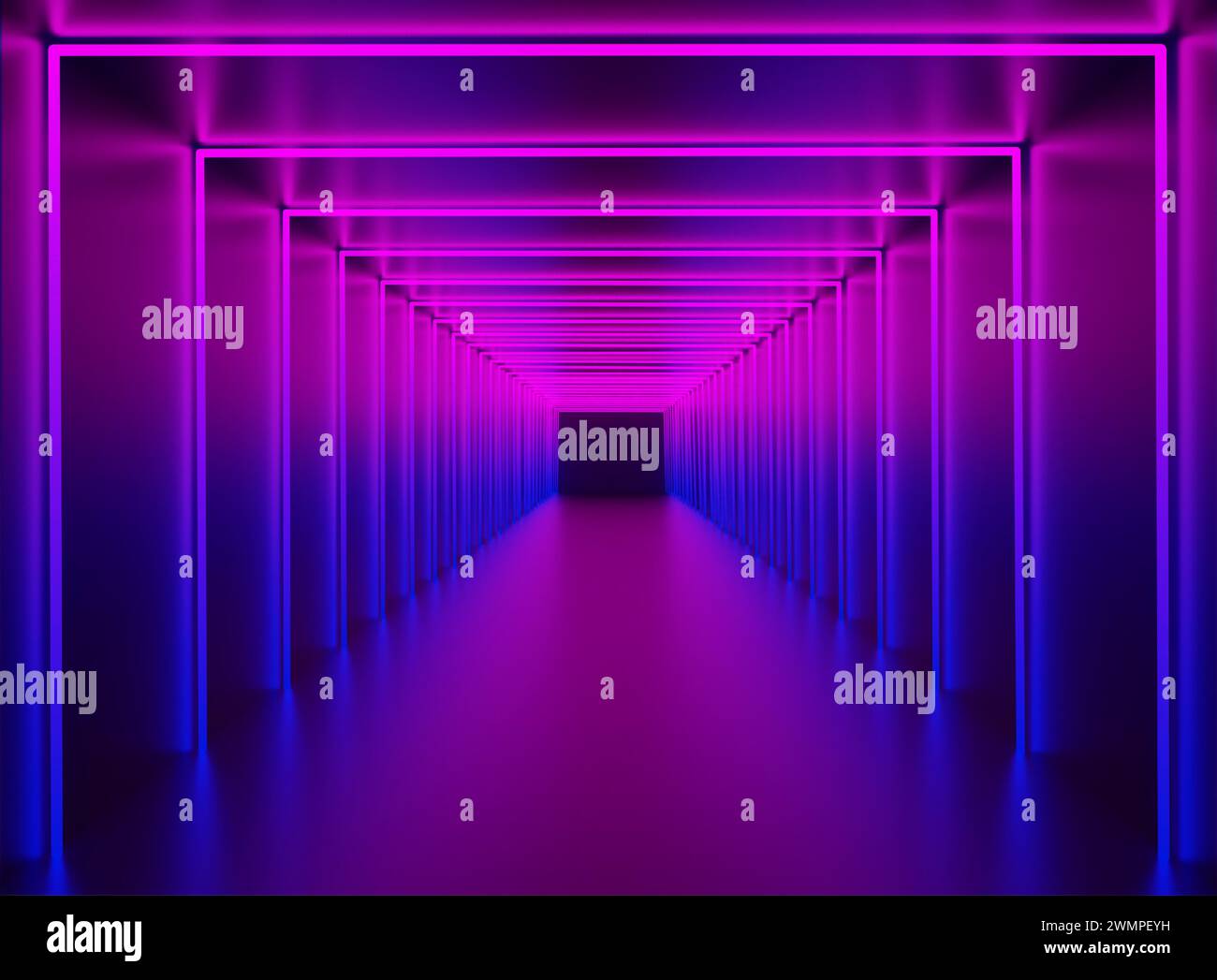 Blue Purple neon tunnel. Corridor with gradient blue purple glowing ...
