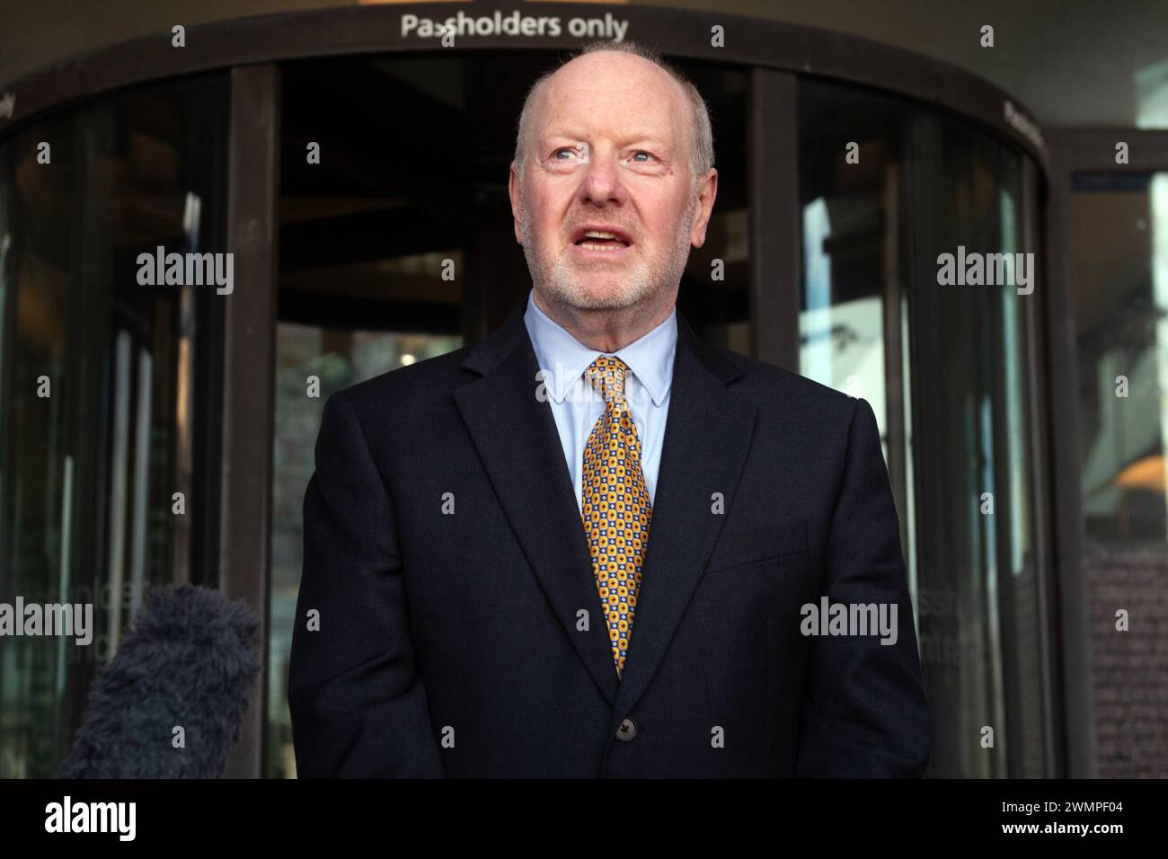 London, UK. 27 Feb 2024. Former Sub-Postmaster Alan Bates speaks to ...