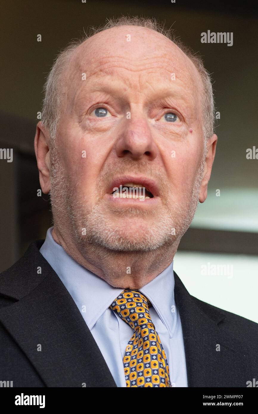 London, UK. 27 Feb 2024. Former Sub-Postmaster Alan Bates speaks to ...