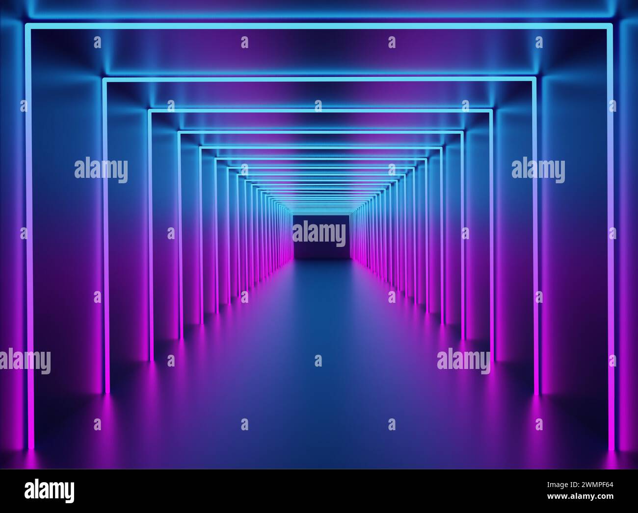 Blue Pink neon tunnel. Corridor with gradient blue pink glowing ...