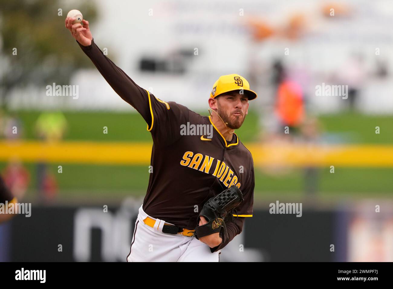 San Diego Padres starting pitcher Joe Musgrove warms up in between ...