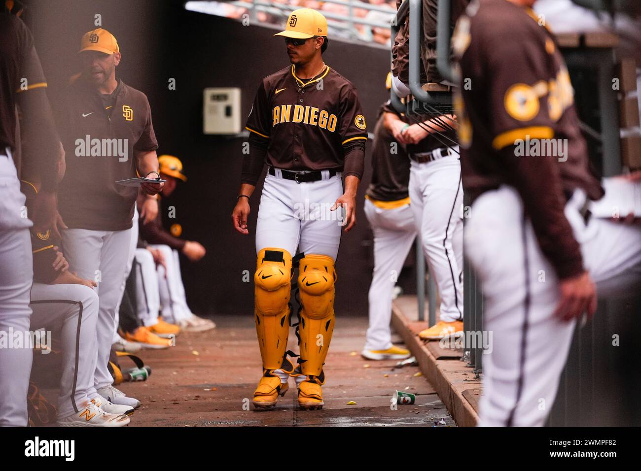 San Diego Padres catcher Ethan Salas walks in the dugout during a ...