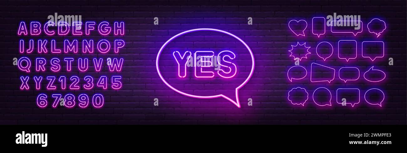 Purple Pink gradient fluorescent neon alphabet and speech bubble on ...