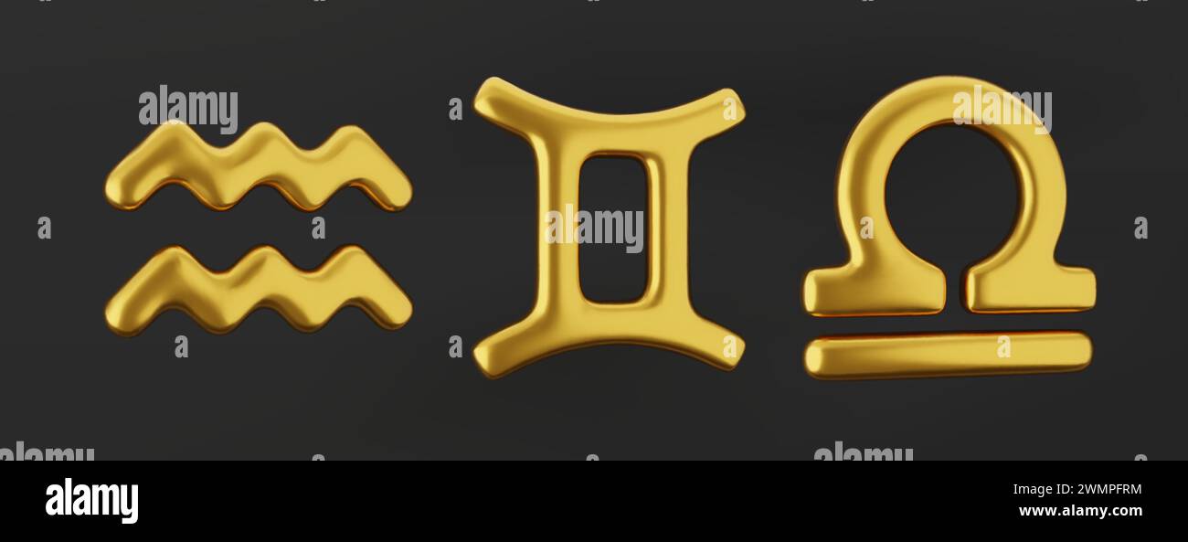 3d golden zodiac sign Aquarius , Gemini and Libra on a dark background ...