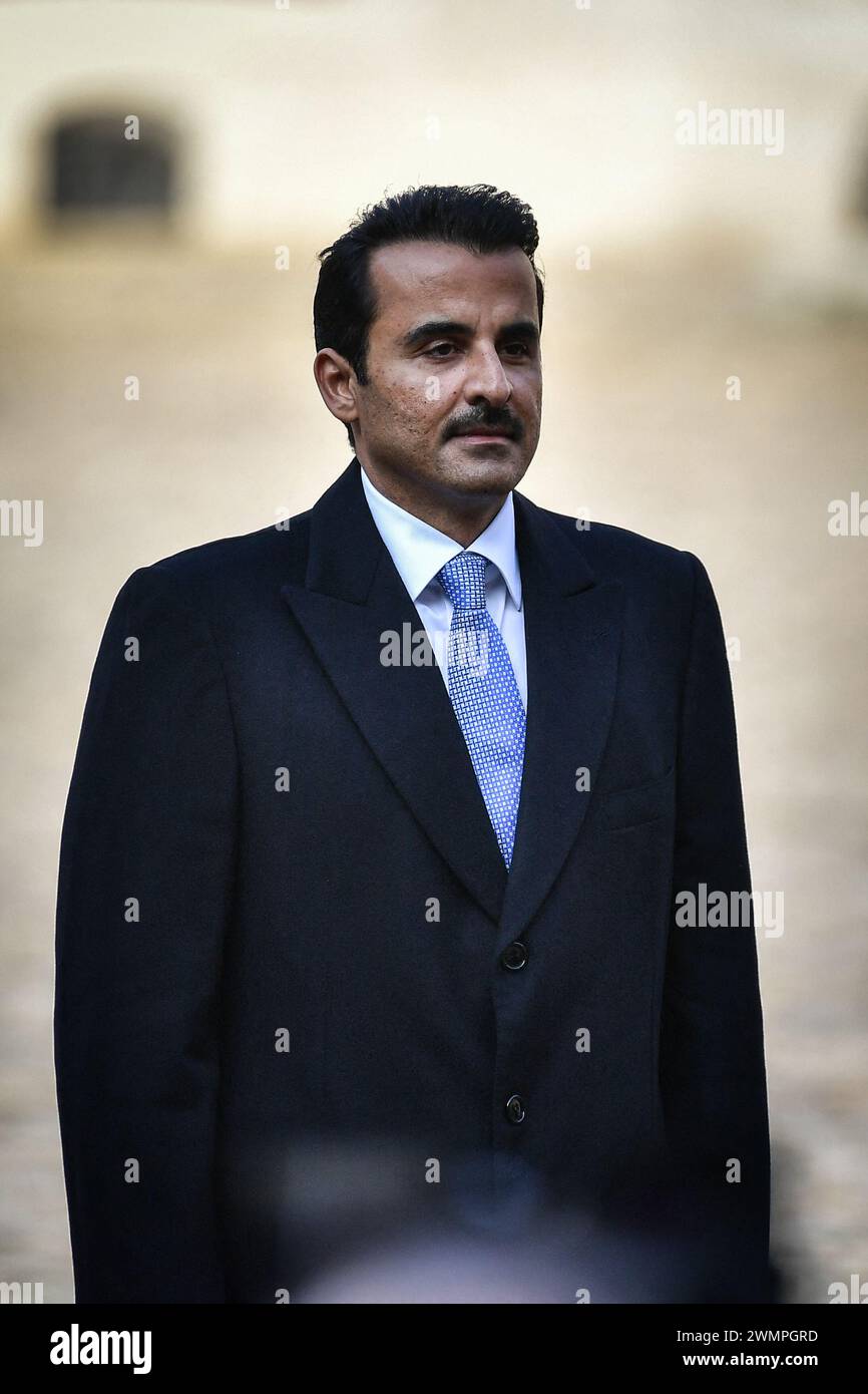 Paris, France. 27th Feb, 2024. Emir of Qatar Sheikh Tamim bin Hamad Al ...