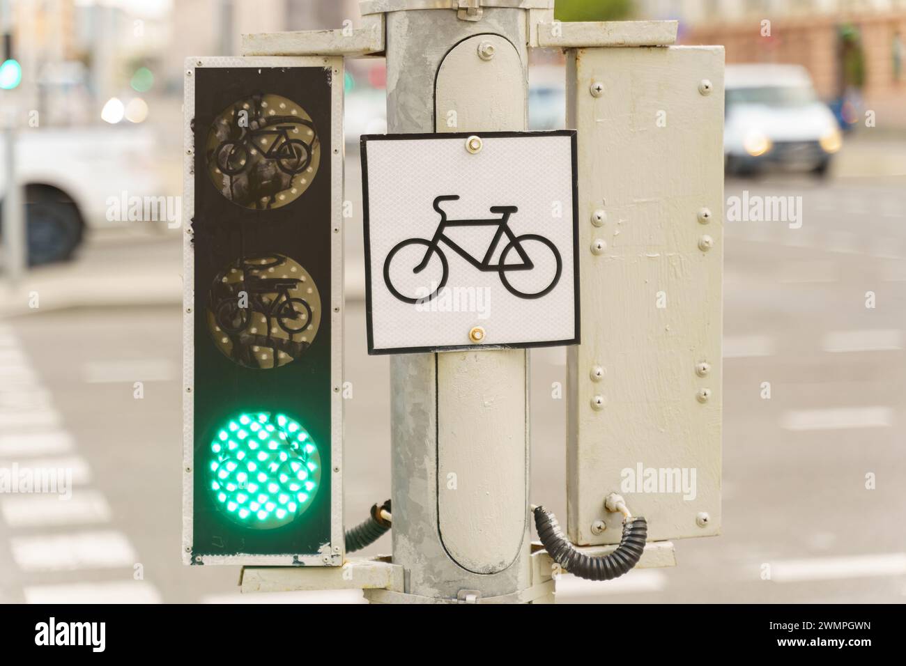 A traffic light showing a bicycle symbol, indicating a designated lane ...