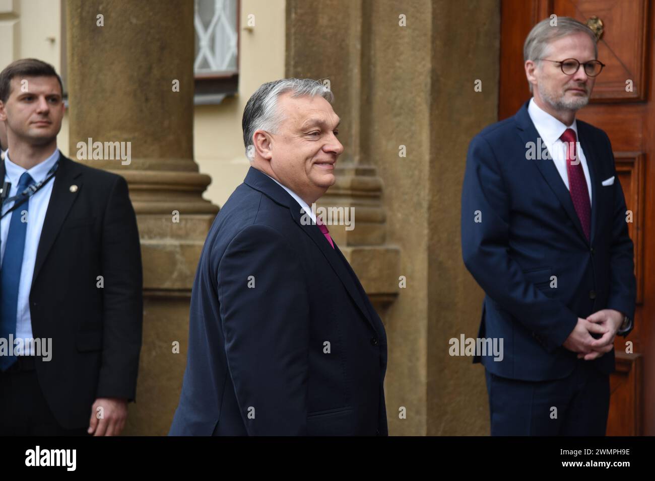 Hungarian prime minister Viktor Orban (middle) and Czech prime minister ...