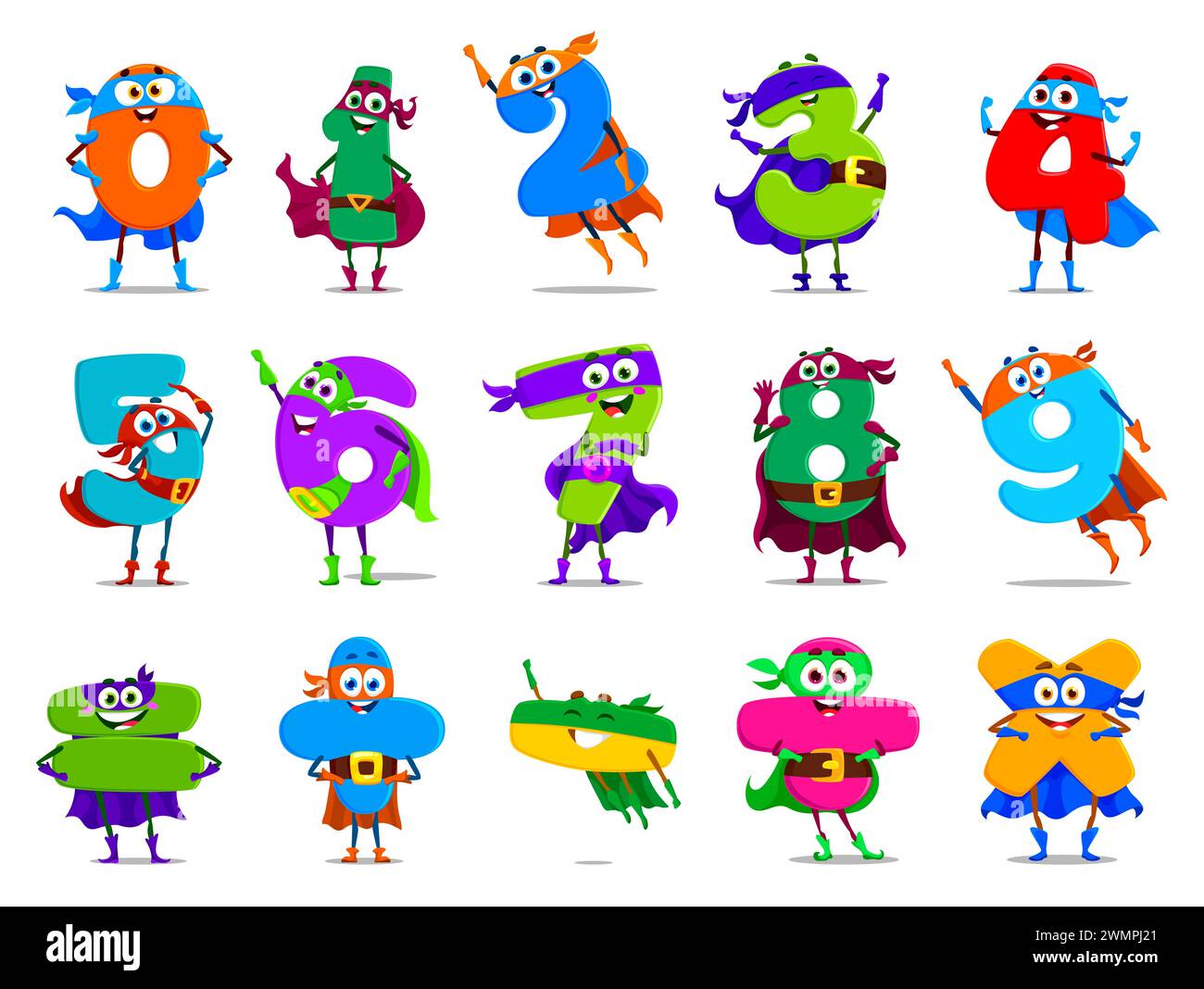 Cartoon math number nine superhero characters wear cape and mask ...