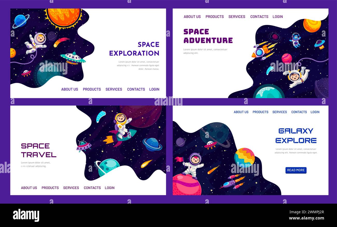 Space galaxy landing pages with cartoon space planets, kid astronauts ...