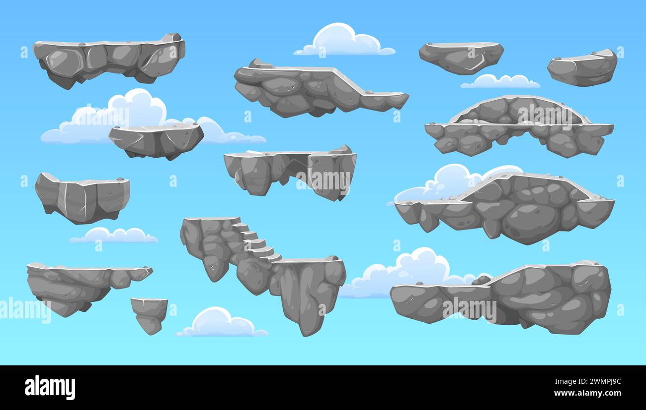 Cartoon rock stone game platforms on vector background of blue sky and ...