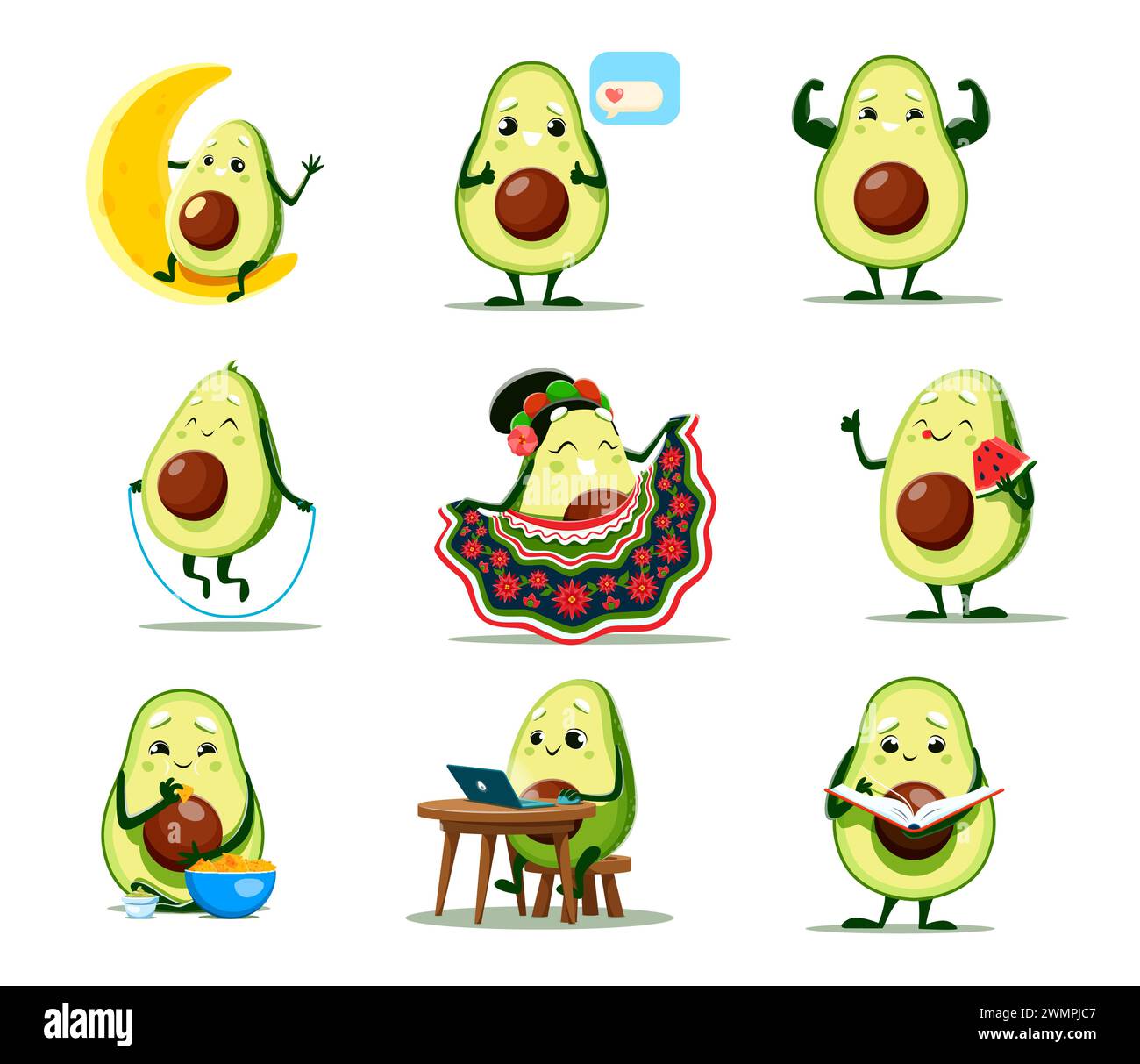 Cartoon avocado characters vector set. Cute vegetable sitting on the ...