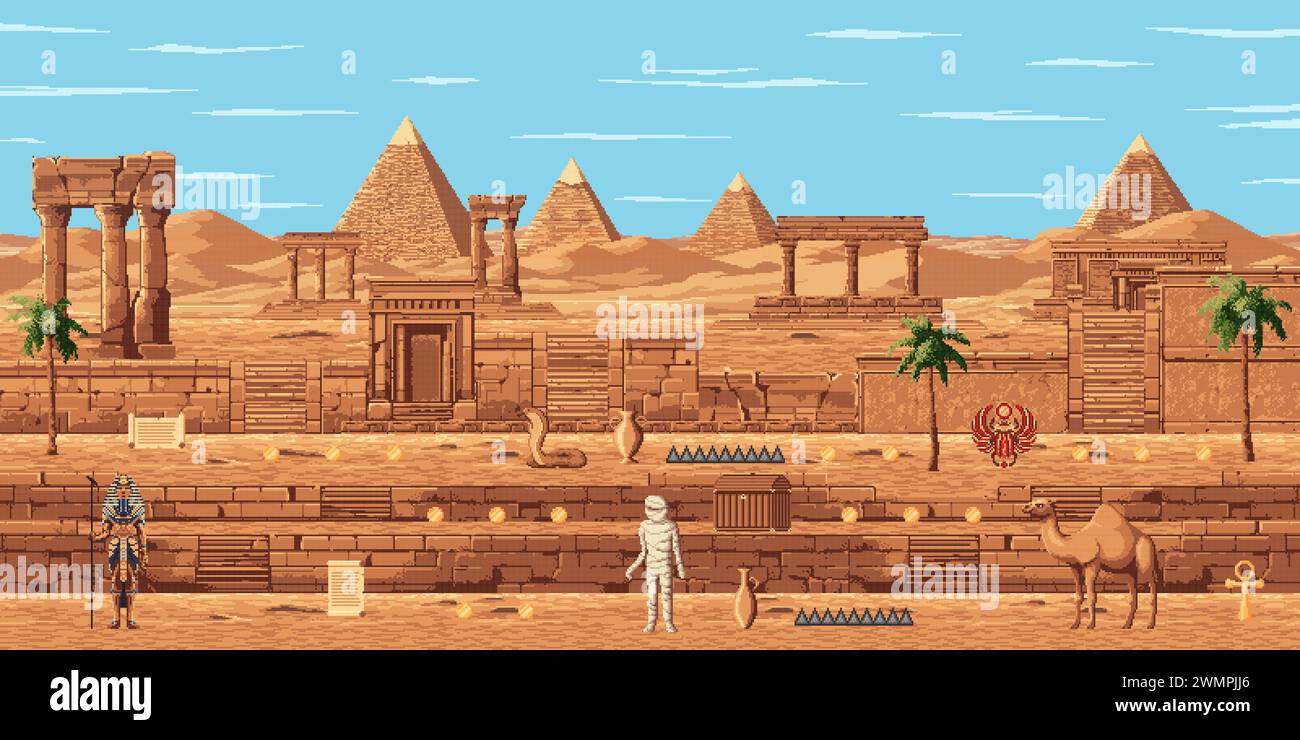 8bit pixel art arcade game level map with ancient Egypt pyramids and ...
