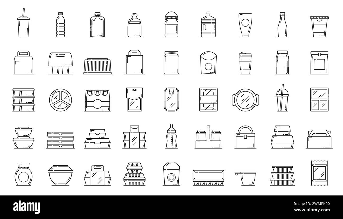 Plastic food containers and package icons. Fast food meal and drinks ...