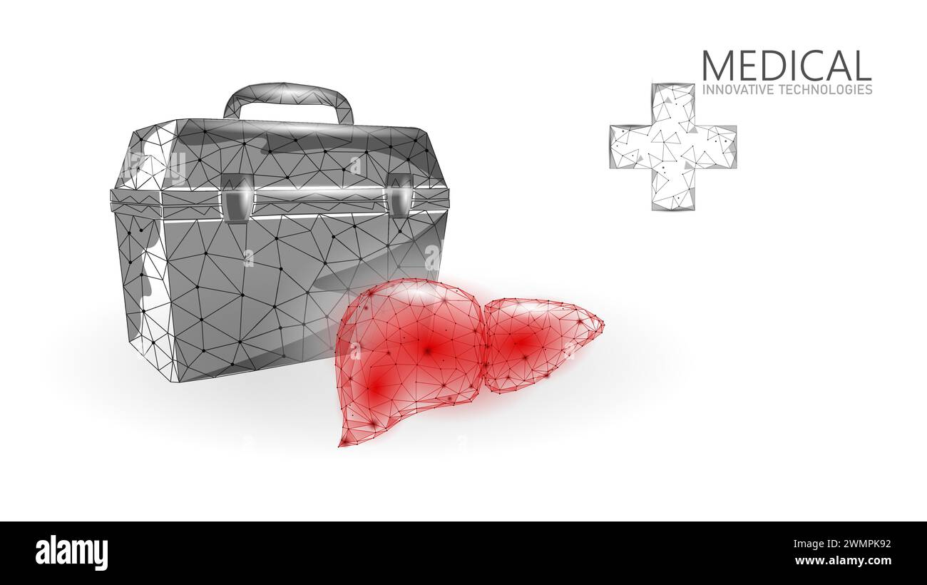 3D human liver transplantation case. Red low poly liver anatomy organ ...