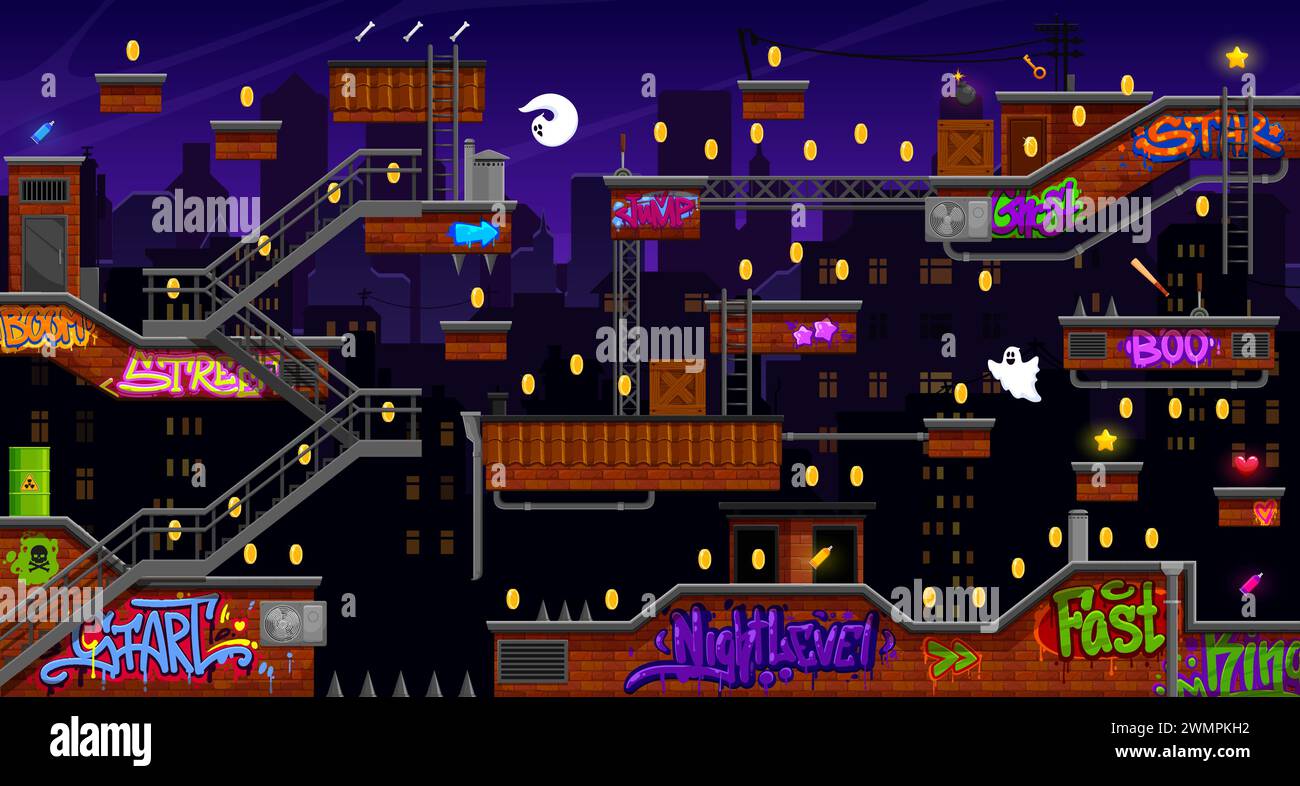 Arcade building roof game level map interface. Golden coins, roof ...