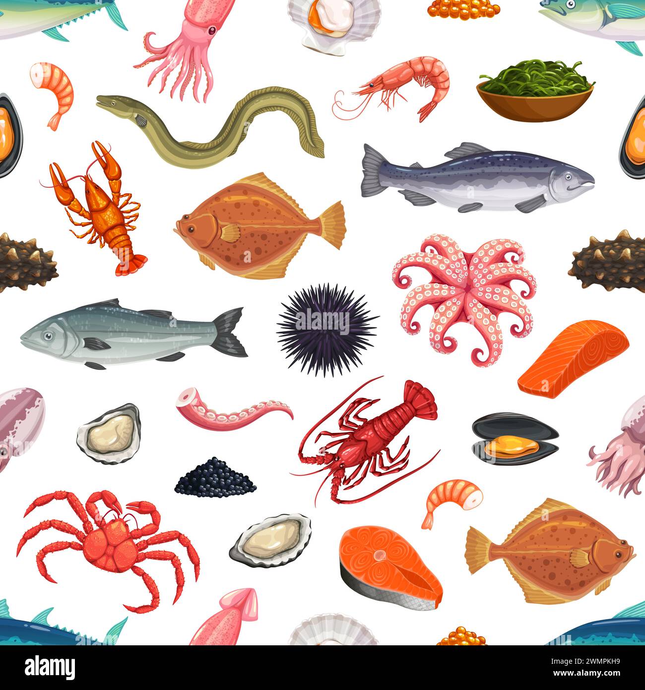 Cartoon seafood seamless pattern with vector fish and sea animals. Sea ...