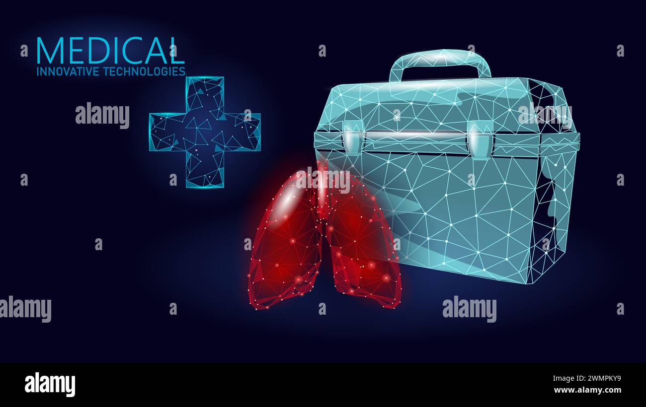 3D human lungs transplantation case. Red low poly lungs anatomy organ ...